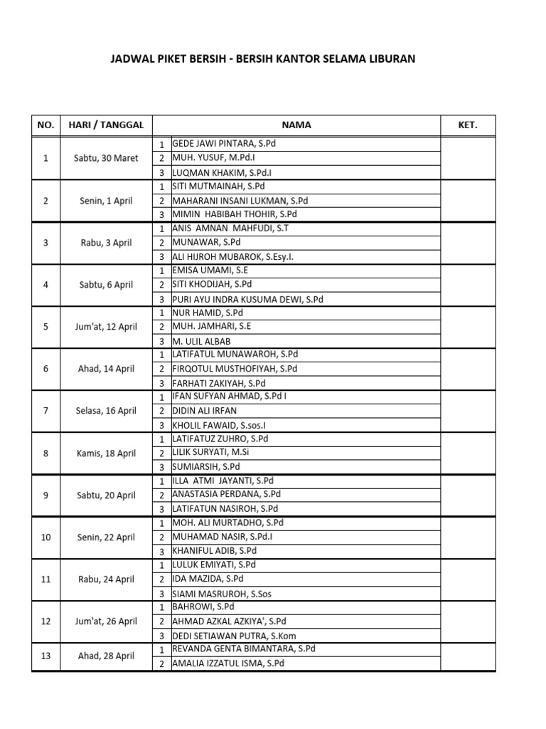 Jadwal Piket Liburan Kantor | PDF | Travel | Religion & Spirituality