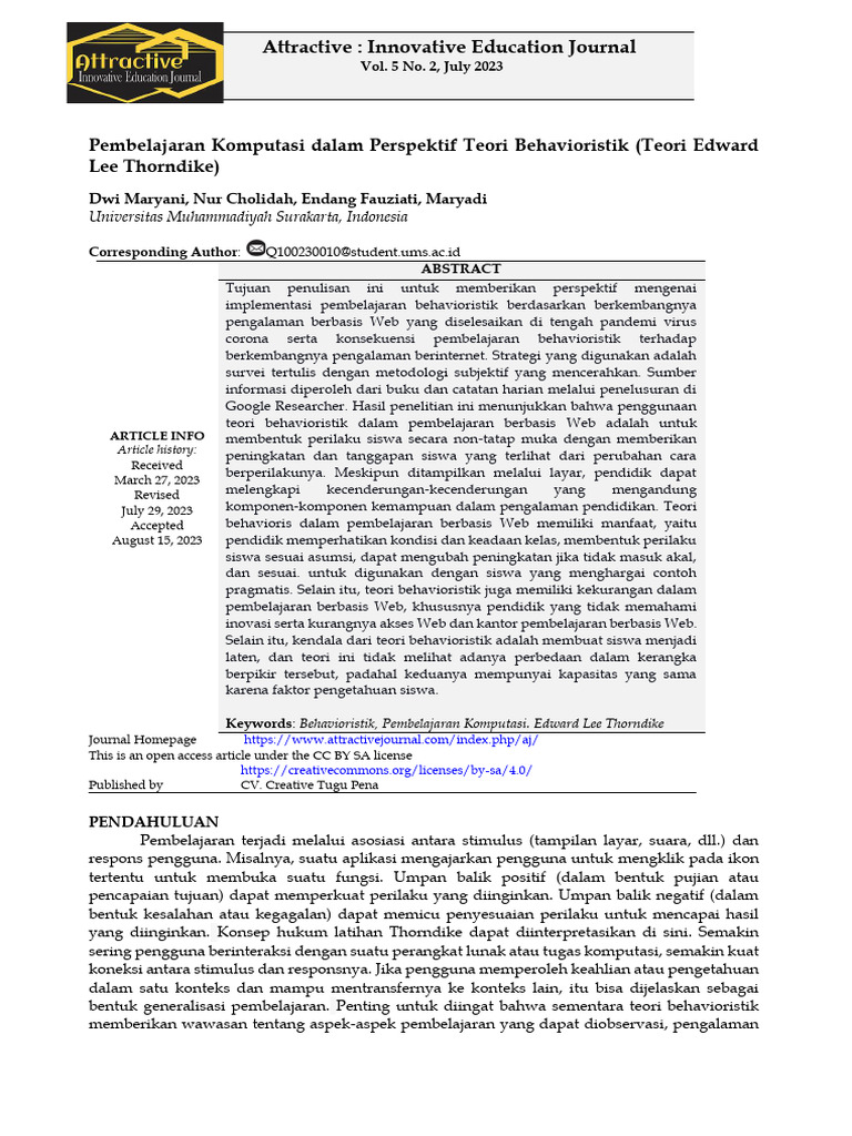 Pembelajaran Komputasi Dalam Perspektif Teori Behavioristik (Teori Edward | PDF
