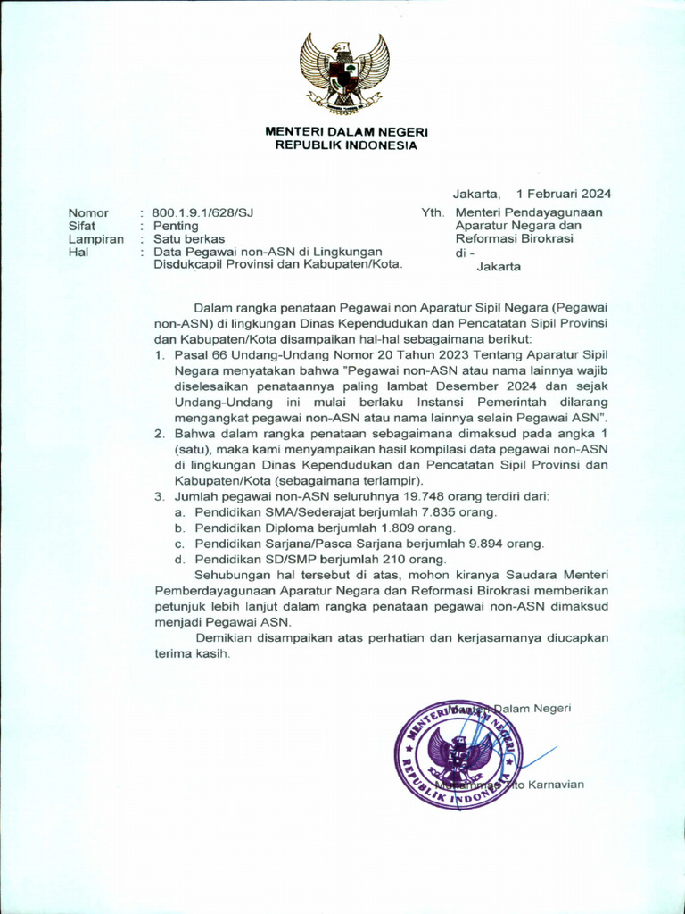Surat Data Non ASN Ke Menpan Dan Lampiran | PDF