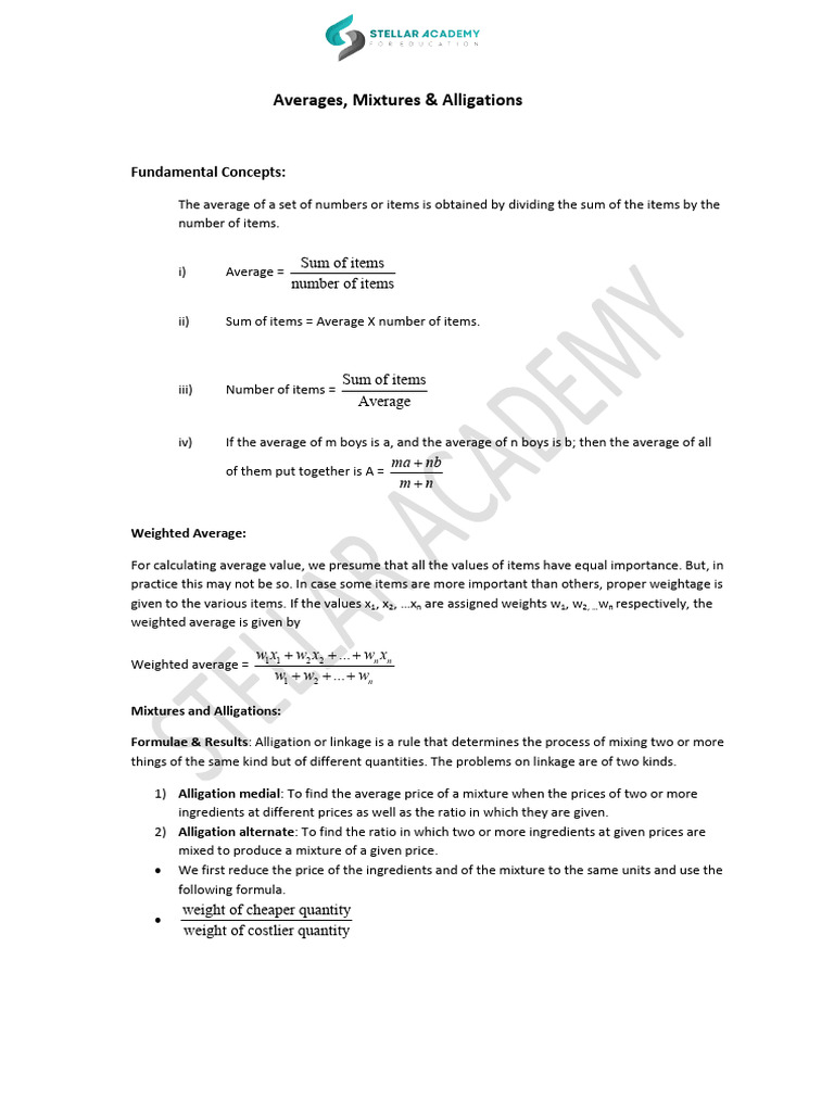 Averages and Mixtures Explained | PDF | Average | Ratio
