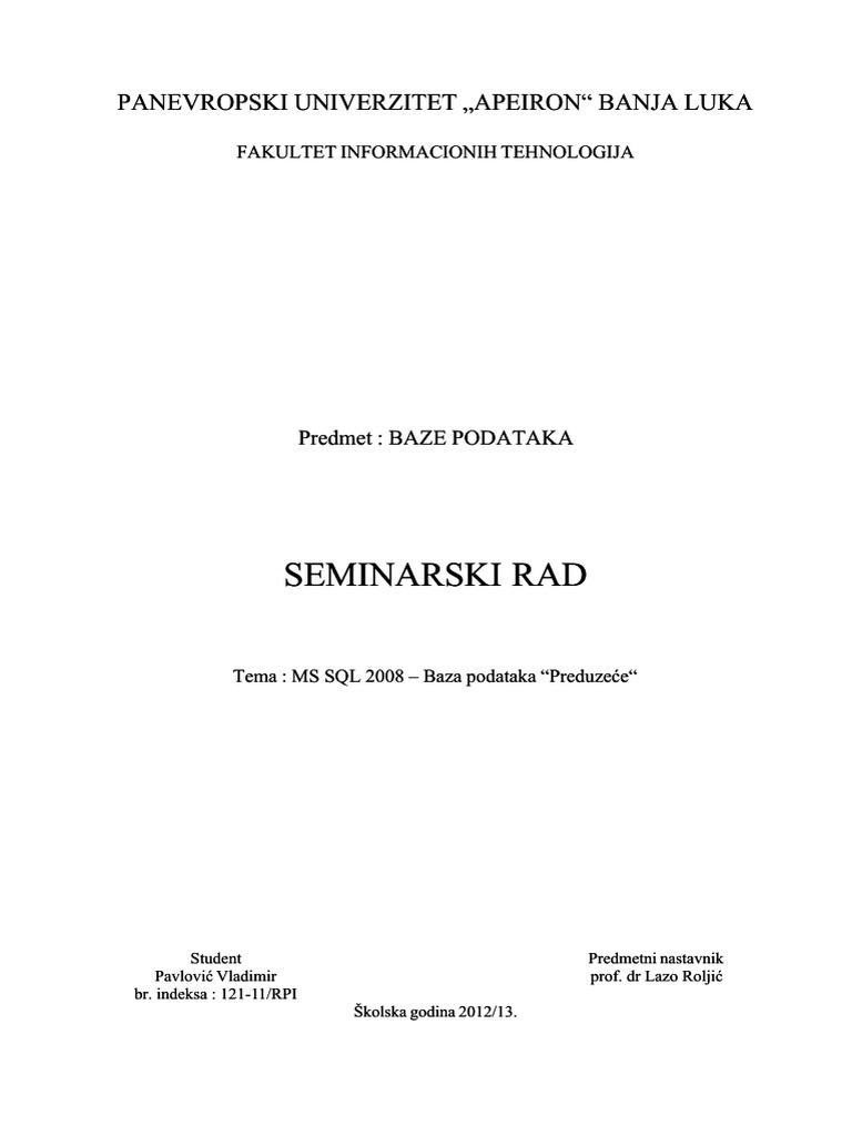 SQL Baza Podataka Preduzece | PDF
