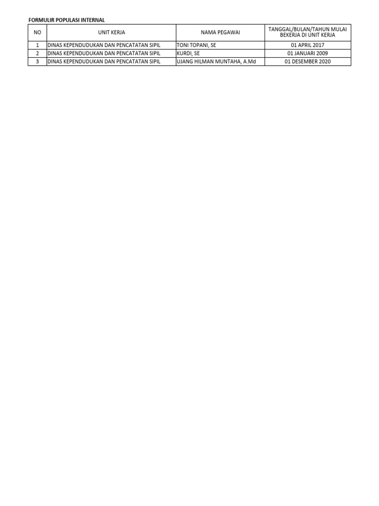 Contoh Formulir Populasi Internal & Eksternal Upt Disdukcapil Wil Iv | PDF