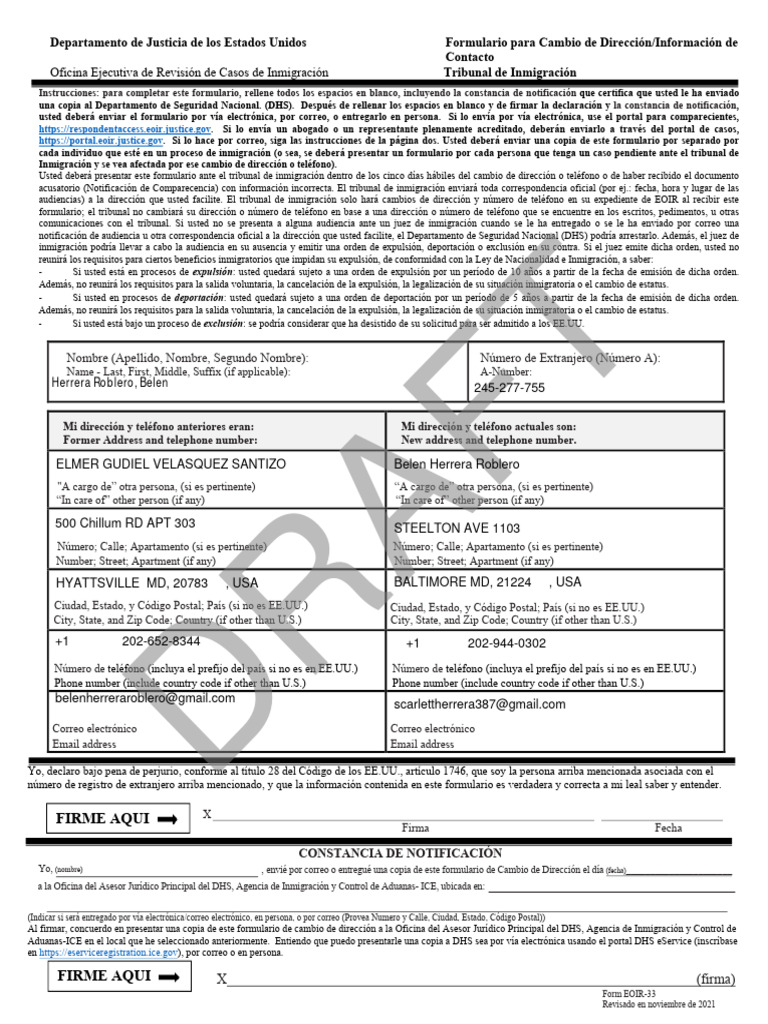 Eoir Form 33 Draft | PDF | Inmigración y Aduanas de EE. UU. | Gobierno ...