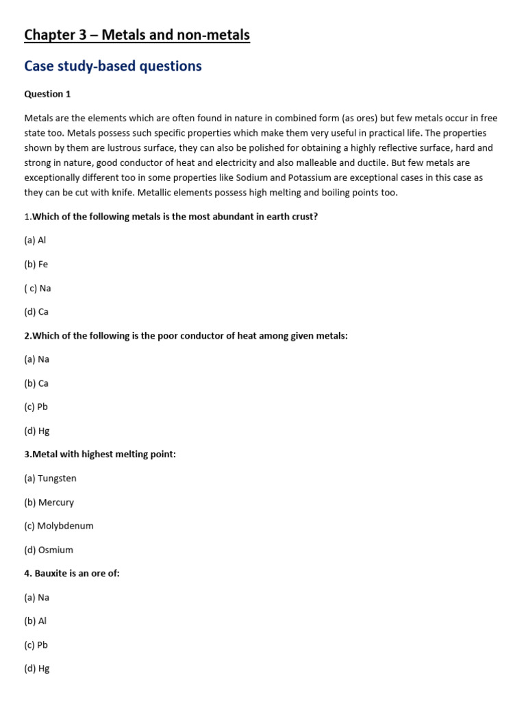 Case Study Class 10 Science Metals Non Metals | PDF | Metals | Rust Case Study Class 10 Science Metals Non Metals | PDF | Metals | Rust