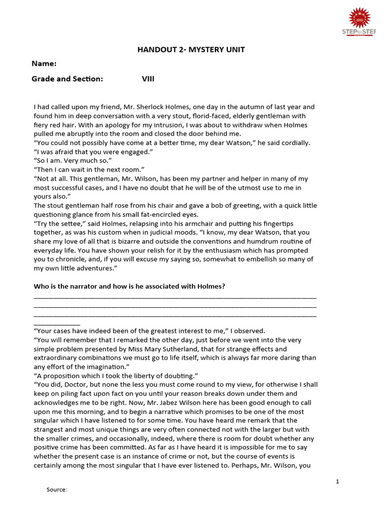 The Red-Headed League Handout | PDF | The Red Headed League | Dr. Watson