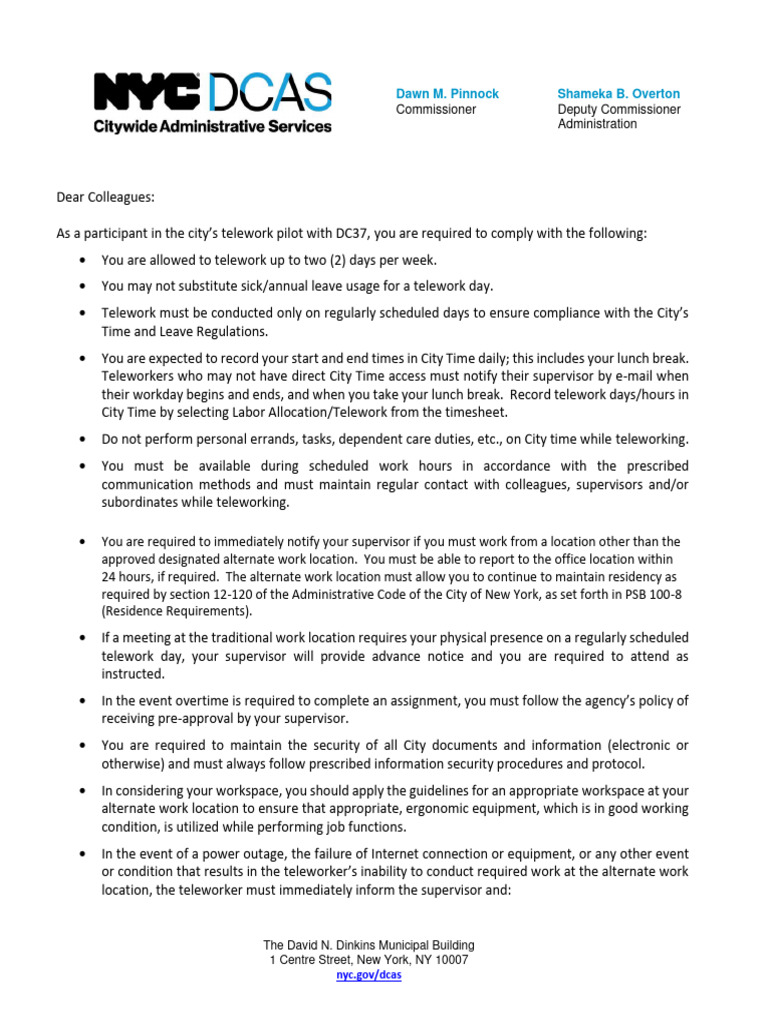 dcas_telework_memo_to_dc37_employees | PDF | Working Time | Overtime
