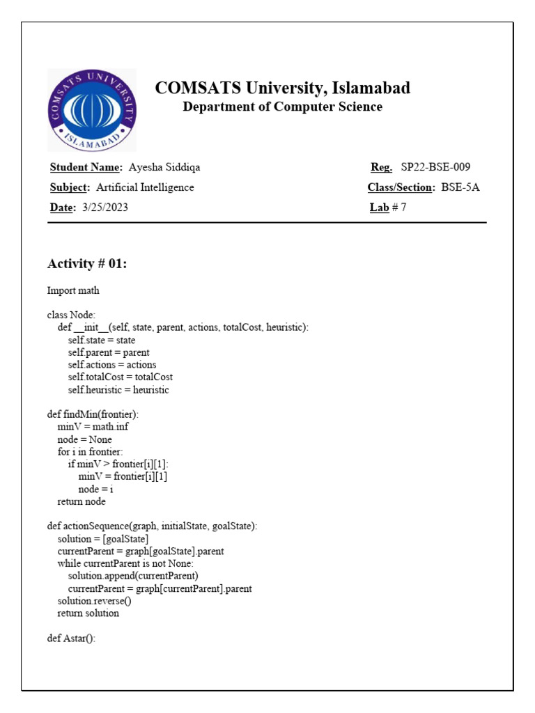 Sp22-Bse-009 AI Lab # 7 (Lab Assign1) | PDF | Computer Science | Combinatorics