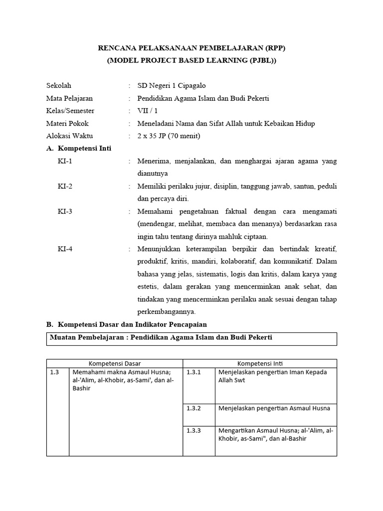 RPP Project Based Learning Pendidikan Agama | PDF