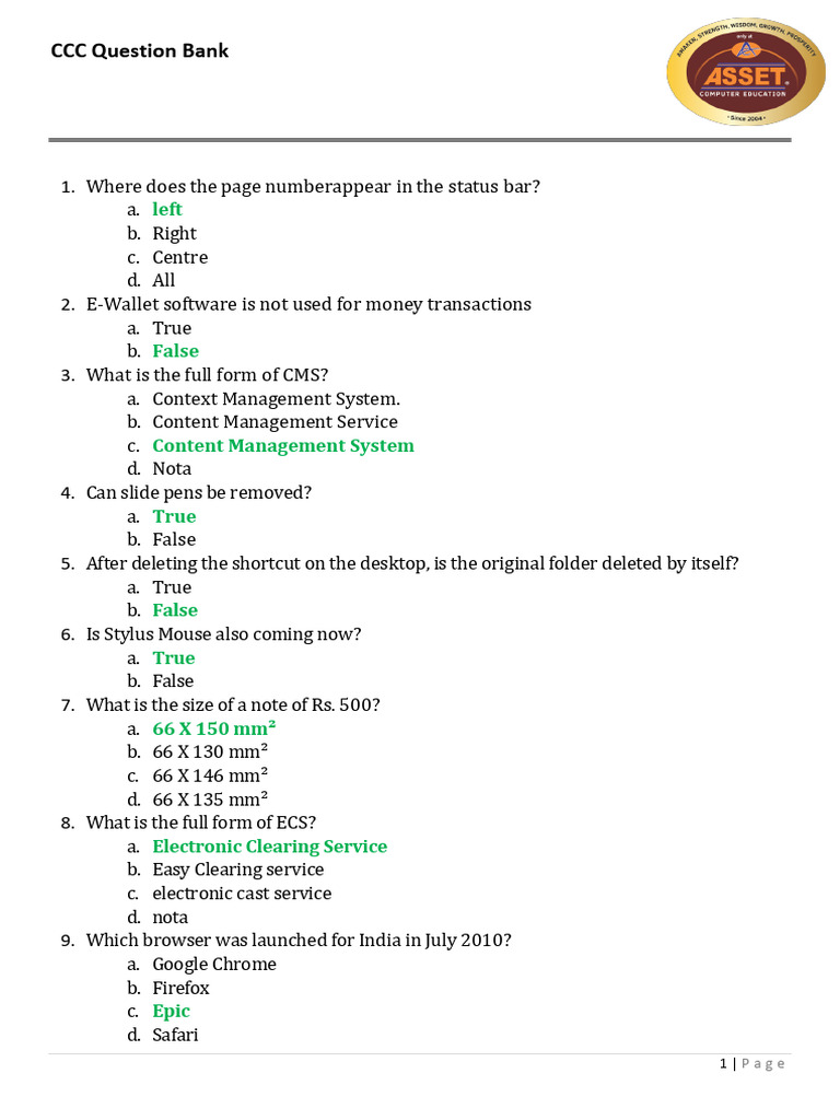 CCC Question Bank (Asset Computer) | PDF | Computer Science | Computing