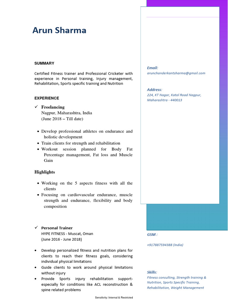 arun’s resume | PDF | Personal Trainer | Physical Fitness
