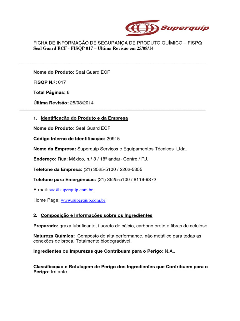 FISPQ - Seal Guard ECF (Jet-Lube) | PDF | Embalagem e rotulagem ...