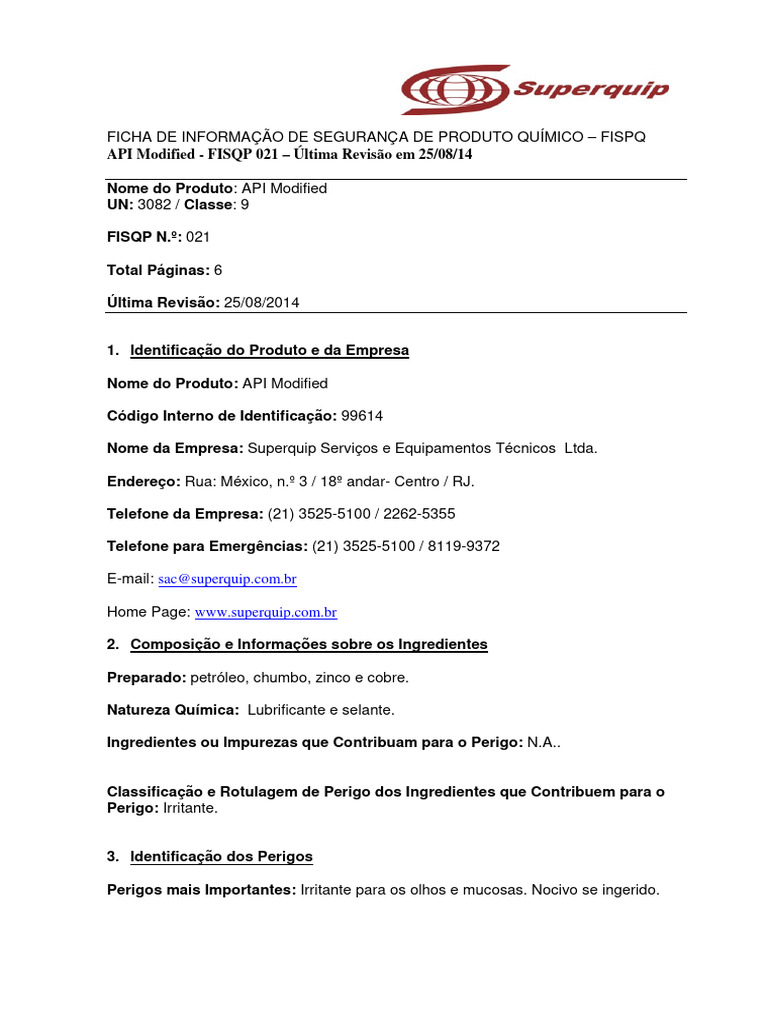 FISPQ - API Modified (Jet-Lube) | PDF | Embalagem e rotulagem | Desperdício