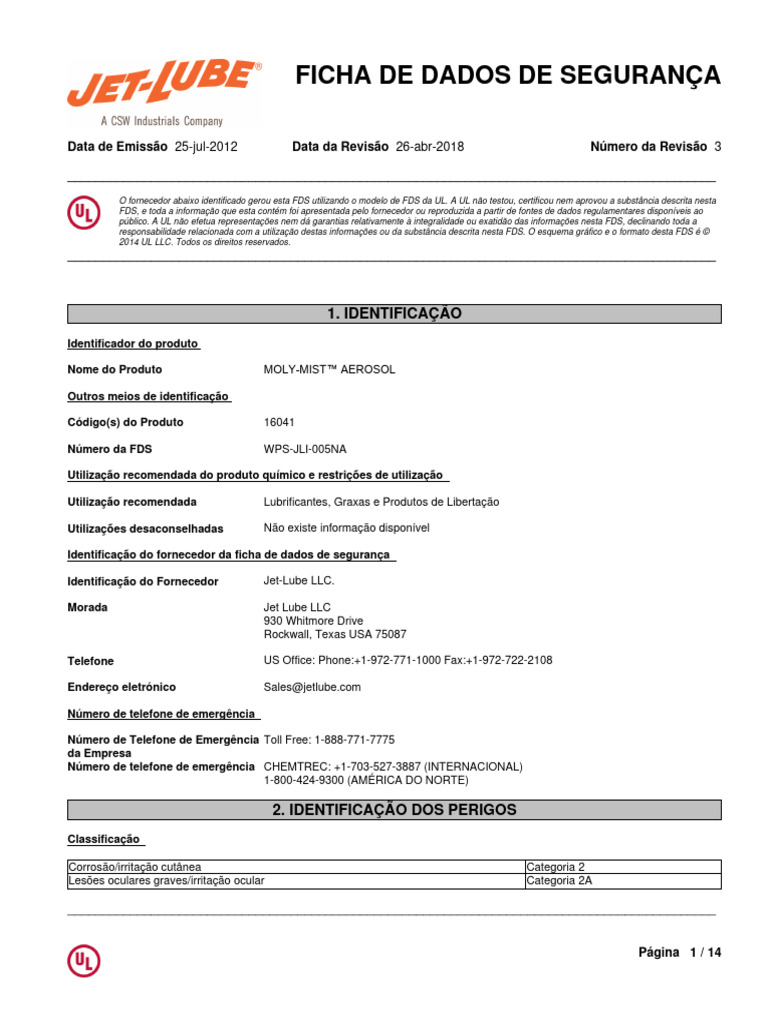 FISPQ - Moly Mist Spray (Jet-Lube) | PDF | Solubilidade | Densidade