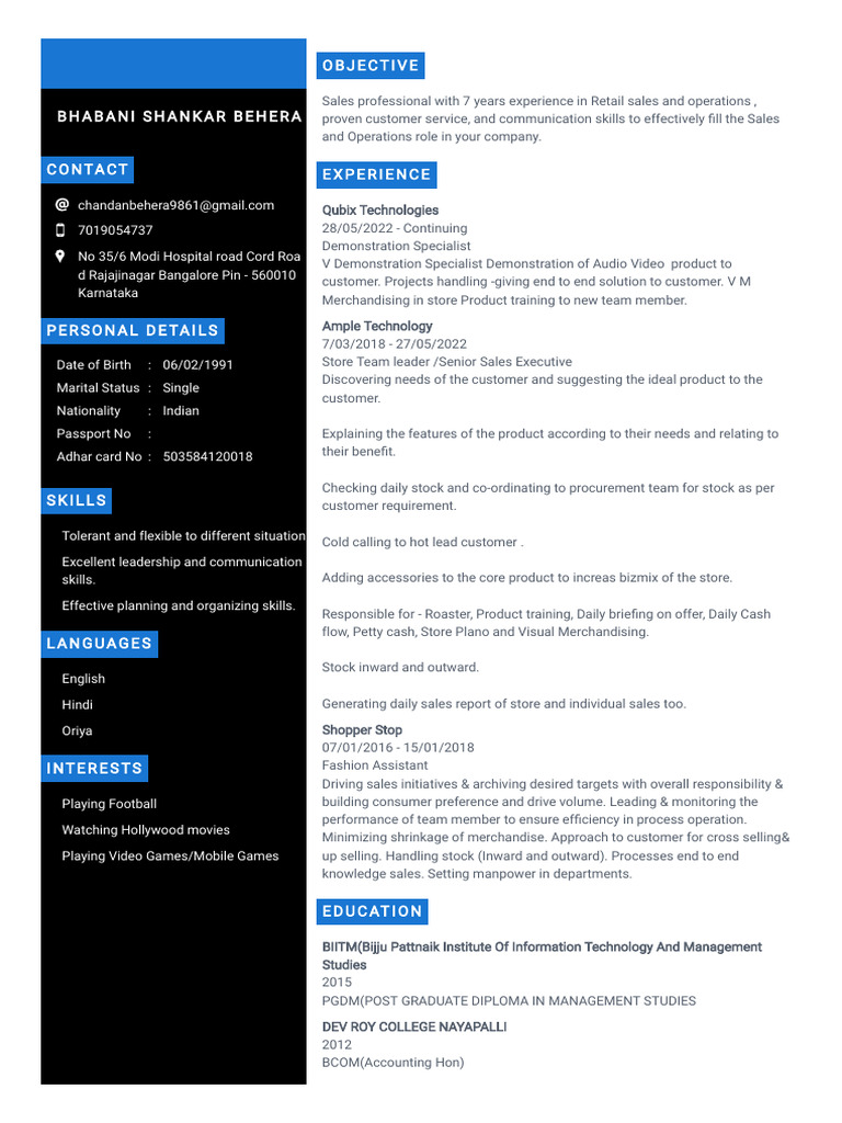 Bhabani Shankar's Resume | PDF | Merchandising | Business