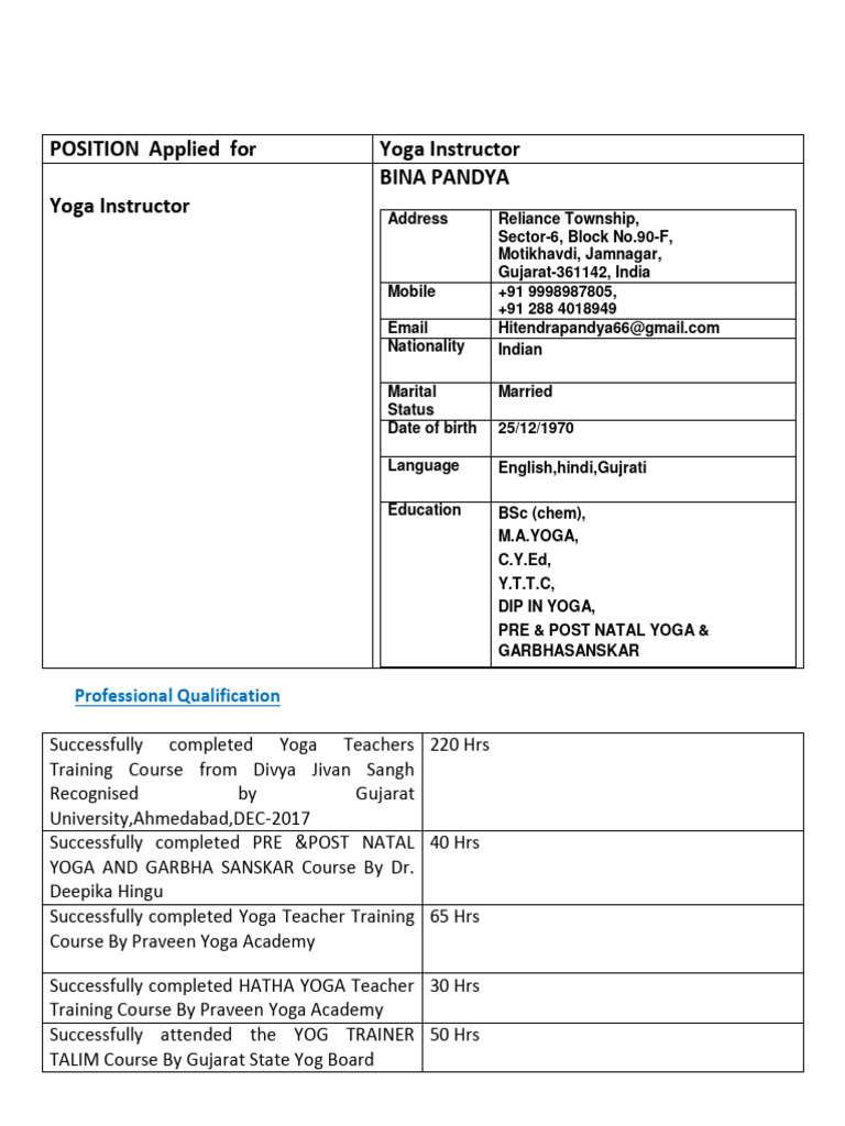 Beena's Resume | Download Free PDF | Yoga | Physical Exercise