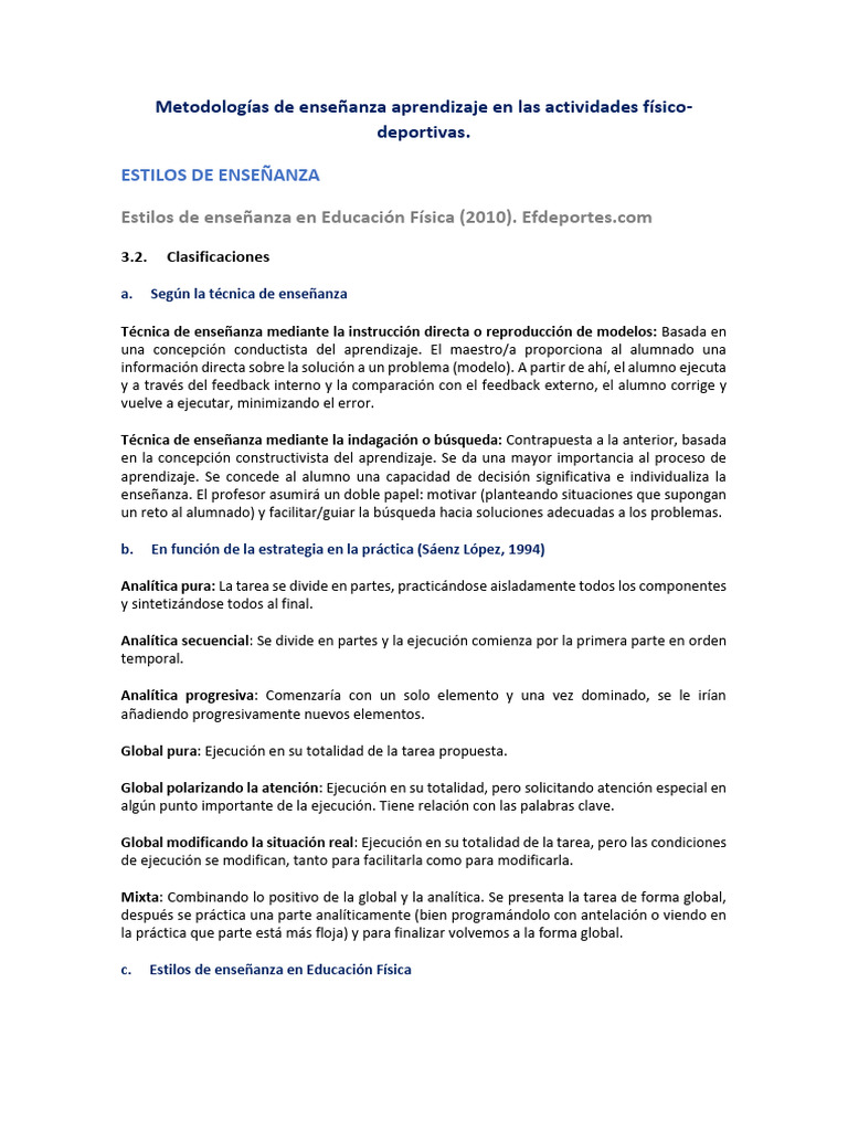 Metodologías de Enseñanza Aprendizaje en Las Actividades Físico-Deportivas. | PDF | Enseñando ...