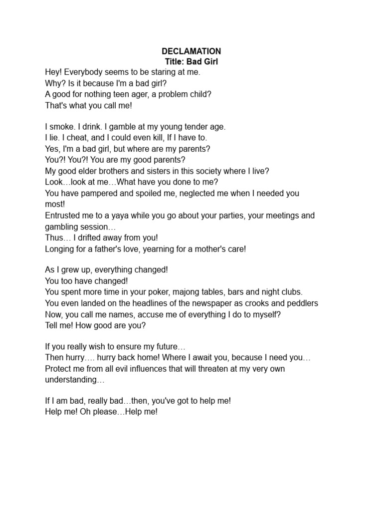 Declamation Bad Girl Pdf