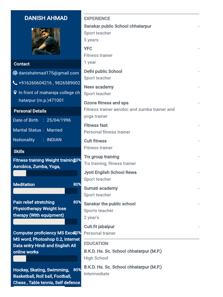 Danish S Resume Pdf Personal Trainer Physical Exercise