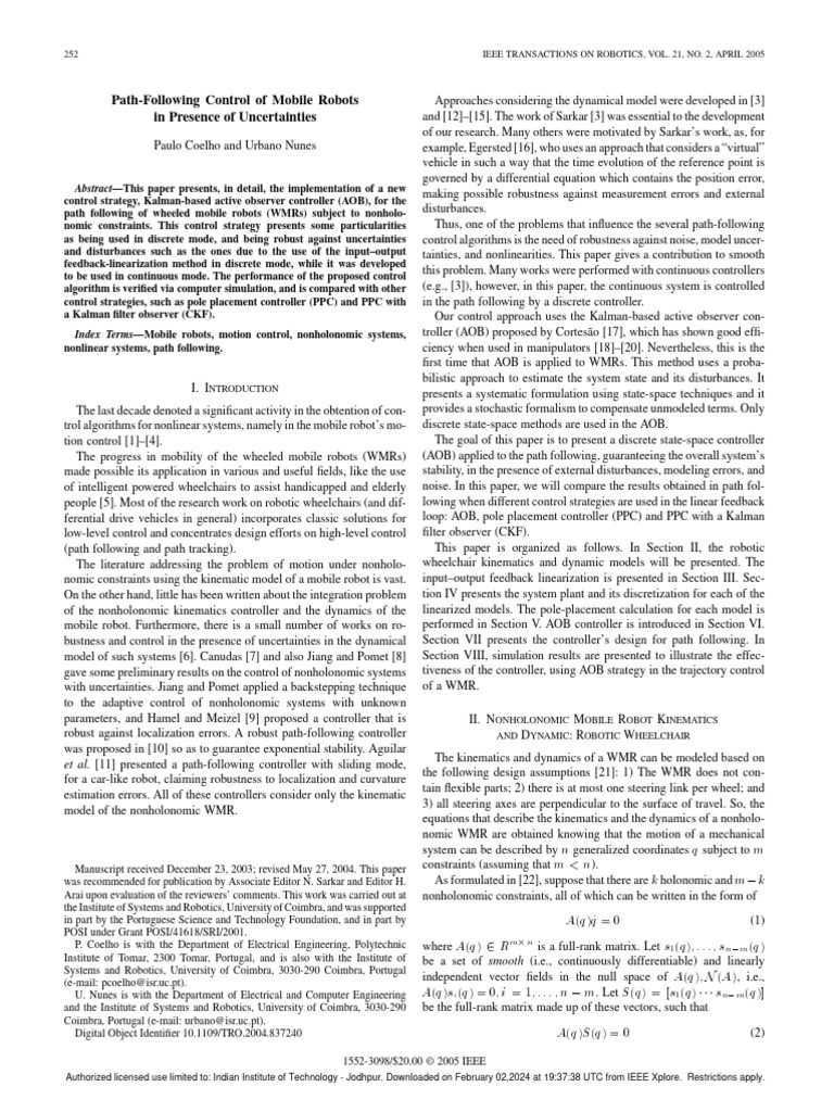 Path-Following Control of Mobile Robots in Presence of Uncertainties | PDF | Control Theory ...