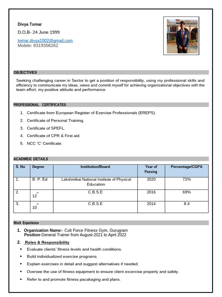 Divya’s resume | PDF | Personal Trainer
