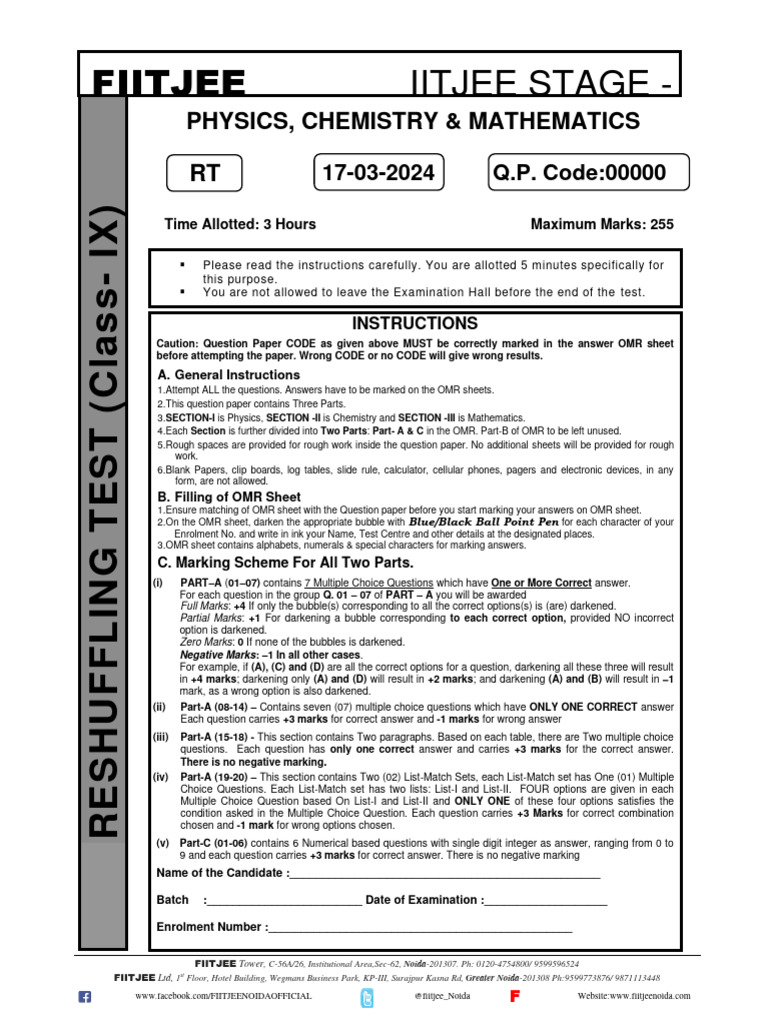 IIT-JEE Stage - 1 - PCM-IX - Reshuffling Test Paper | PDF | Gases | Sound