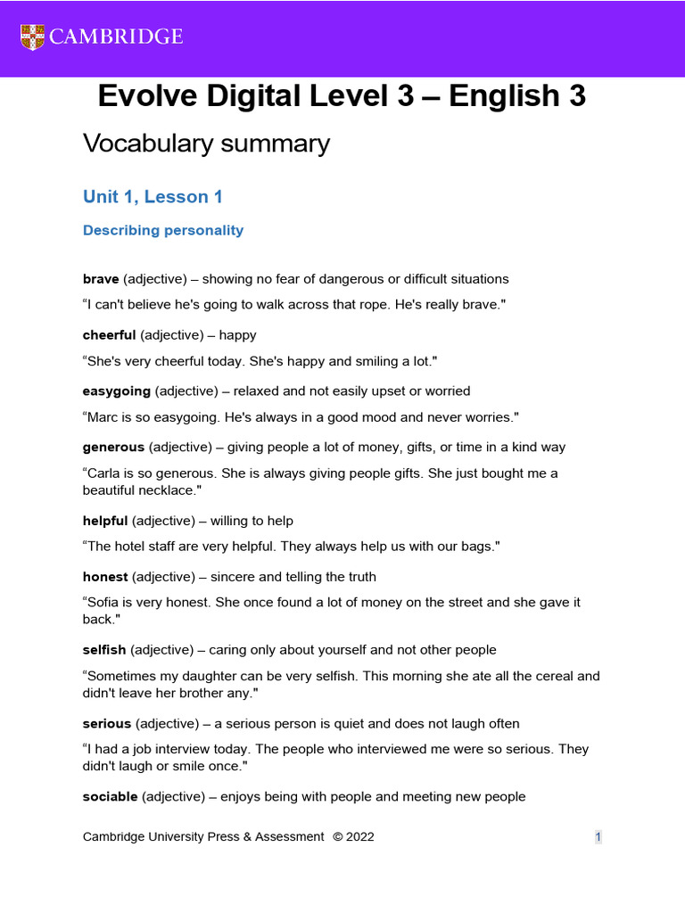 Unit 1 - E3 - Vocabulary | PDF