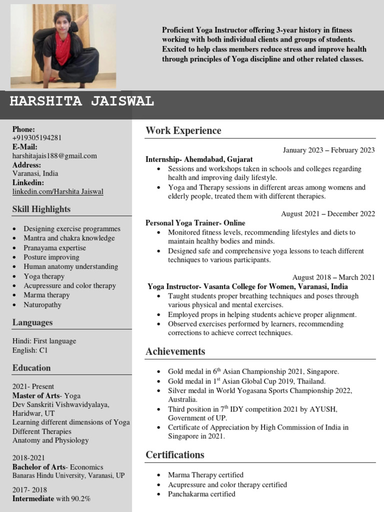 Harshita's Resume | PDF | Yoga | Physical Fitness