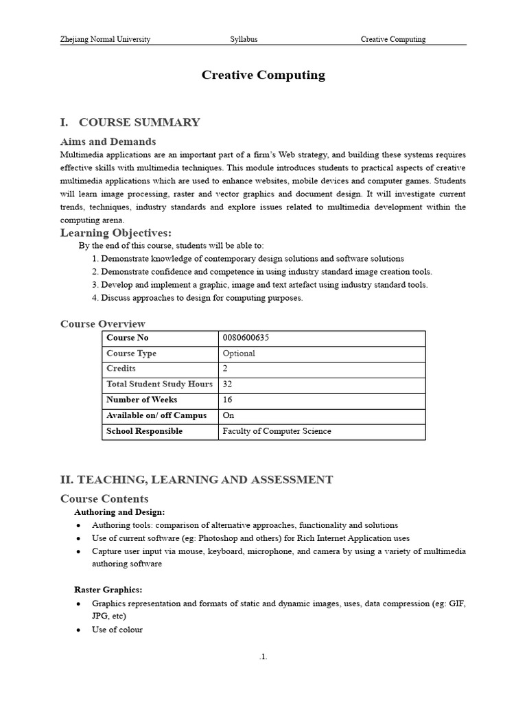 Creative Computing Syallbus ZJNU Revised | PDF | Adobe Photoshop | Graphics