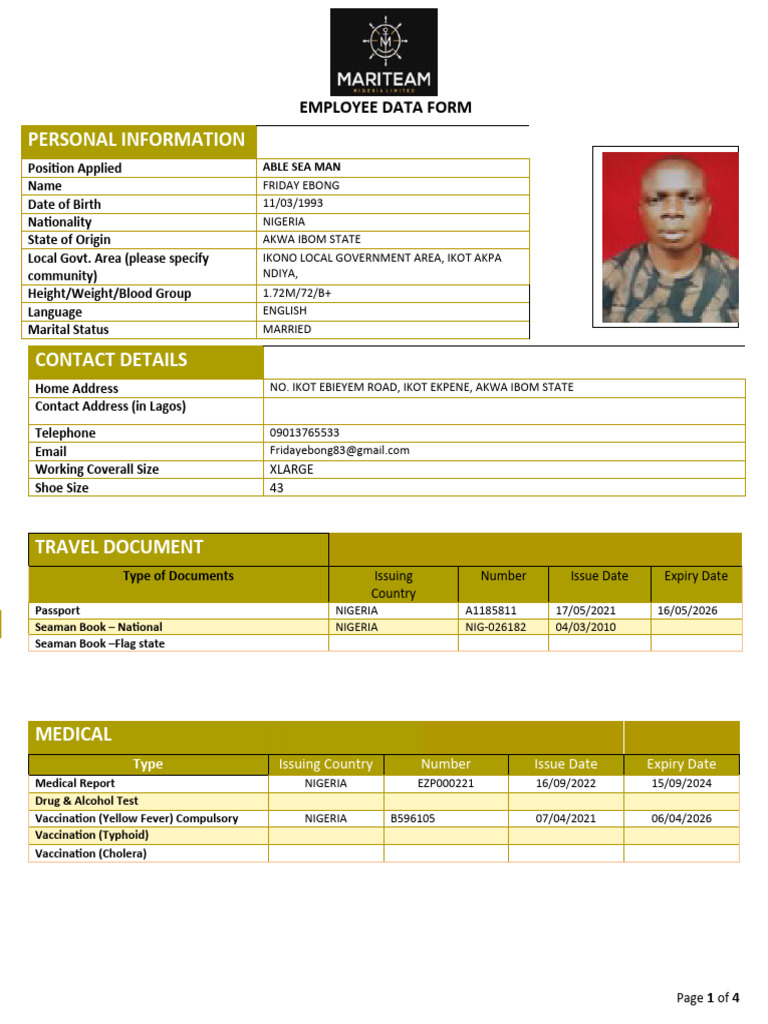 Mariteam - Employee Data Form | PDF | Water Transport