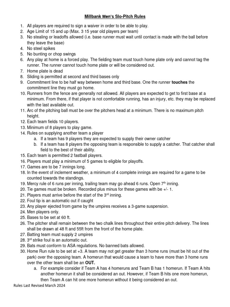 Millbank Men's Slo-Pitch Rules 2024 | PDF | Softball | Baseball Field