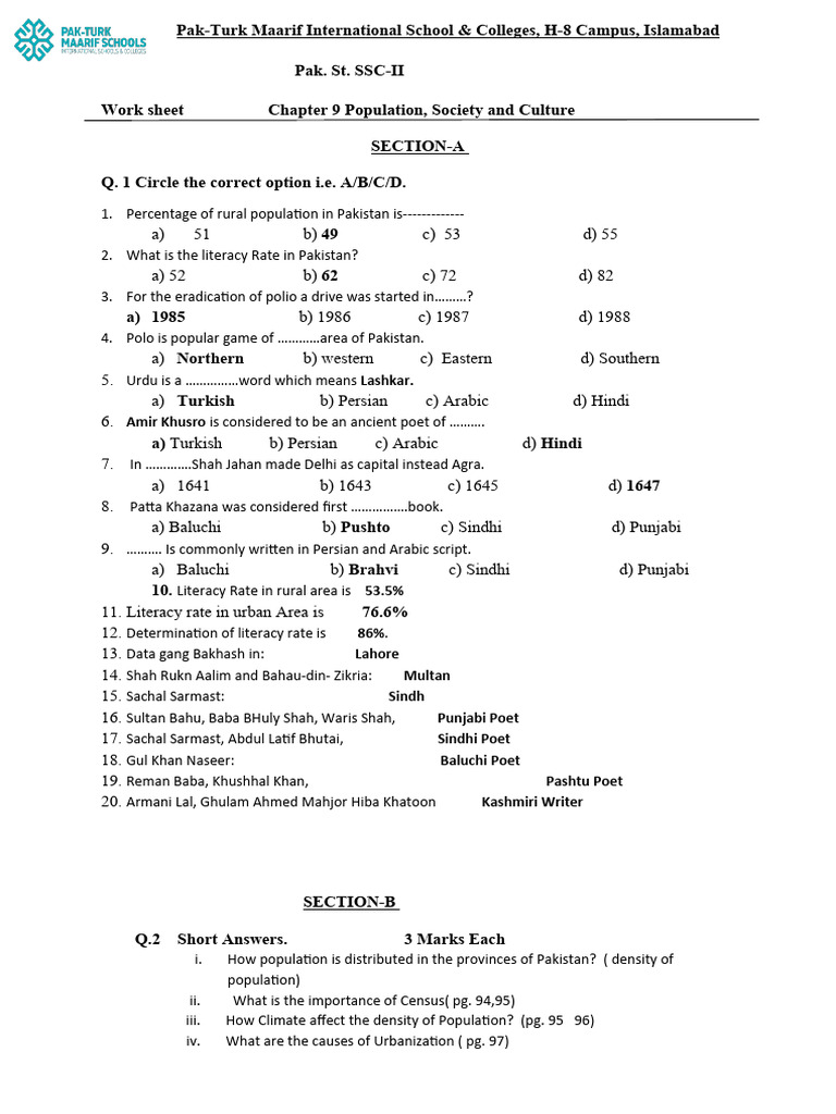 WORK SHEET Pak. St. SSC 11 CH 9 | PDF | Pakistan | South Asia