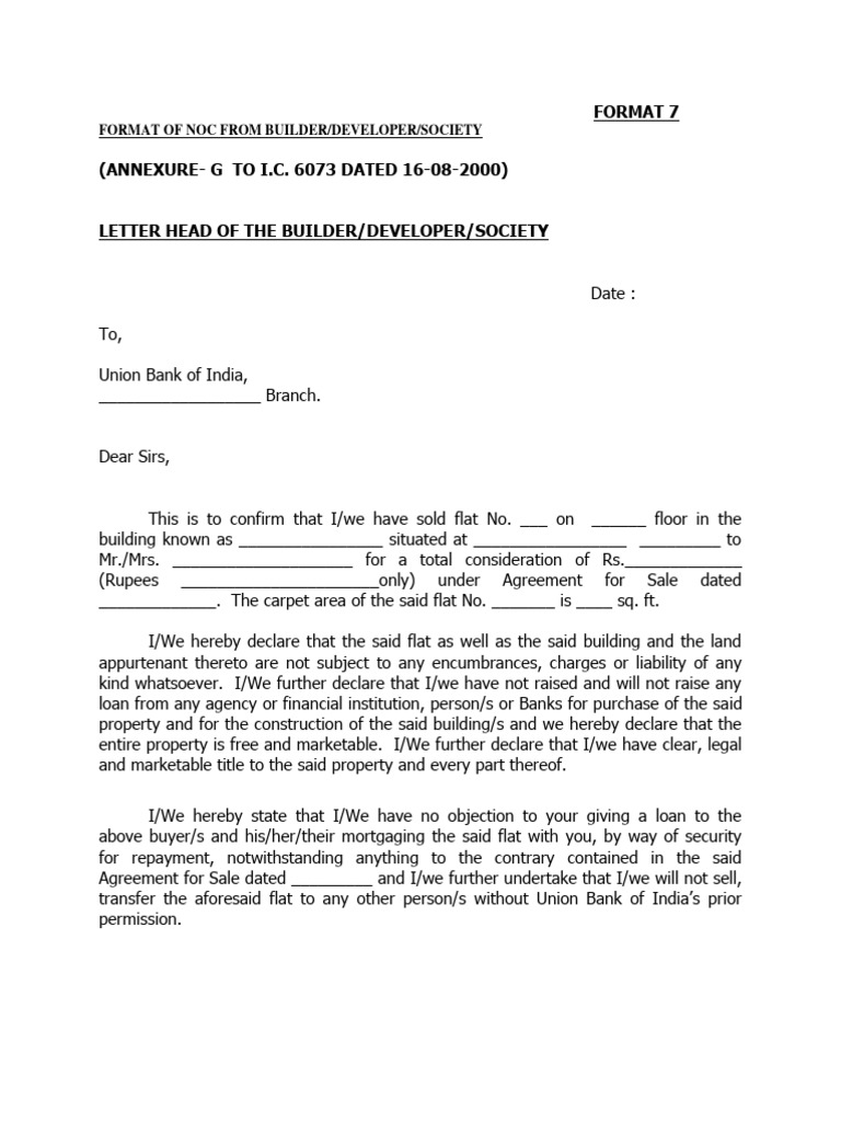 NOC Format for Property Sale | PDF | Banks | Loans