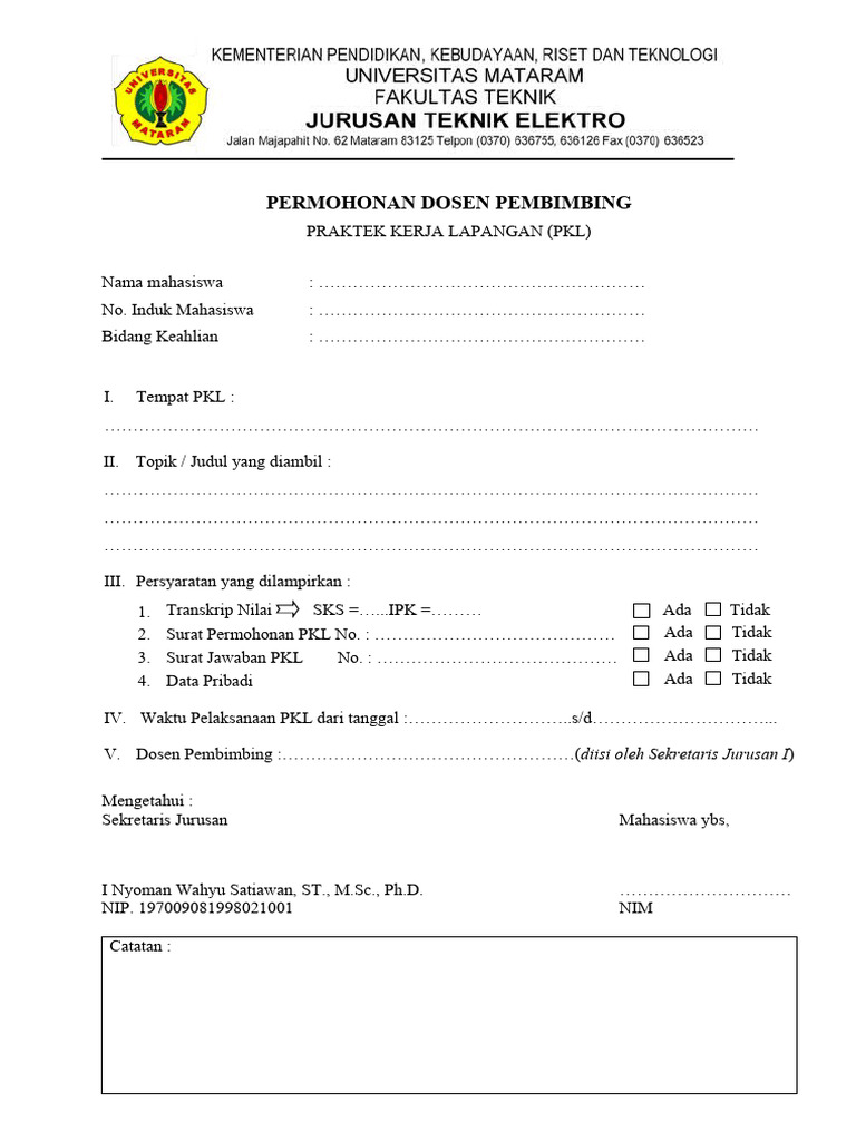 Form Pengajuan Dosen Pembimbing PKL | PDF