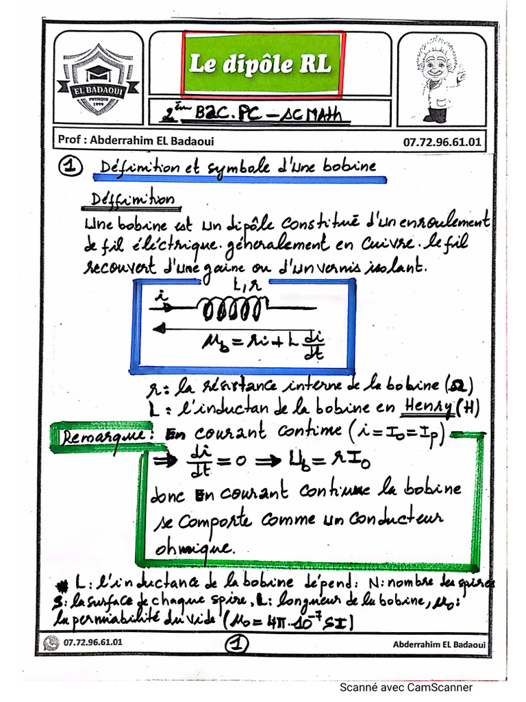 Cours de Dipôle RL 2eme Bac PC Et SC Math Prof El Badaoui | PDF