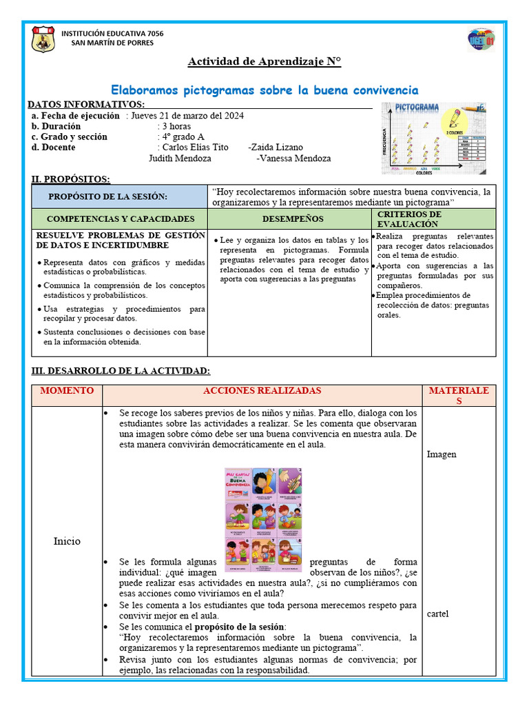 Sesion de Aprendizaje Buenas Normas de Convivencia - Matematica | PDF | Estadísticas