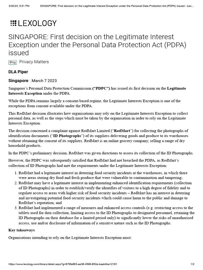 SINGAPORE - First Decision On The Legitimate Interest Exception Under ...