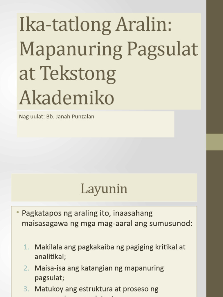 Ika-Tatlong Aralin: Mapanuring Pagsulat at Tekstong Akademiko | PDF