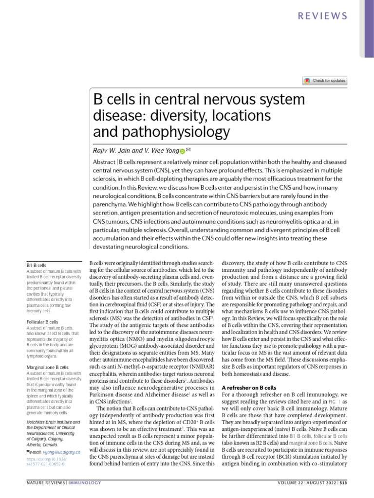 B Cells in Central Nervous System Disease: Diversity, Locations and Pathophysiology | PDF | B ...