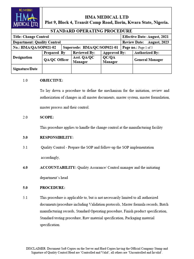 SOP For Change Control | Download Free PDF | Quality Assurance ...