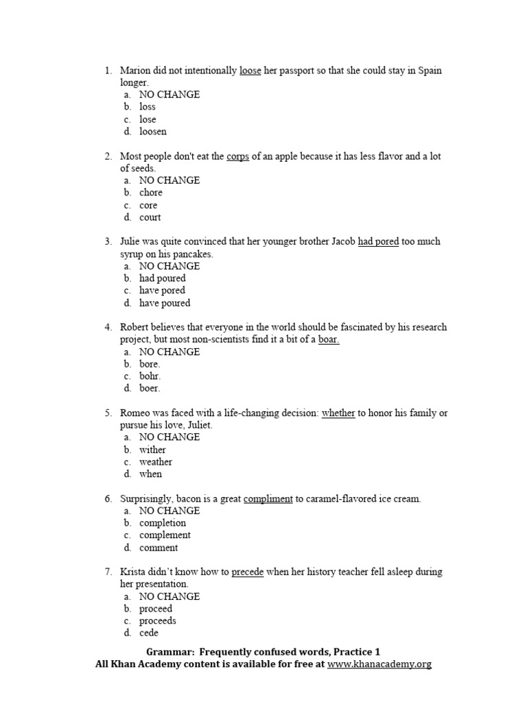 Frequently Confused Words Practice | PDF