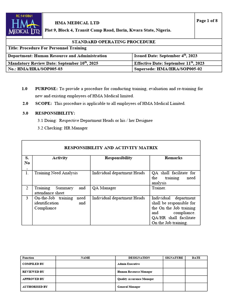 TRAINING SOP R1 - HMA SOP For Training - Latest | PDF | Quality ...