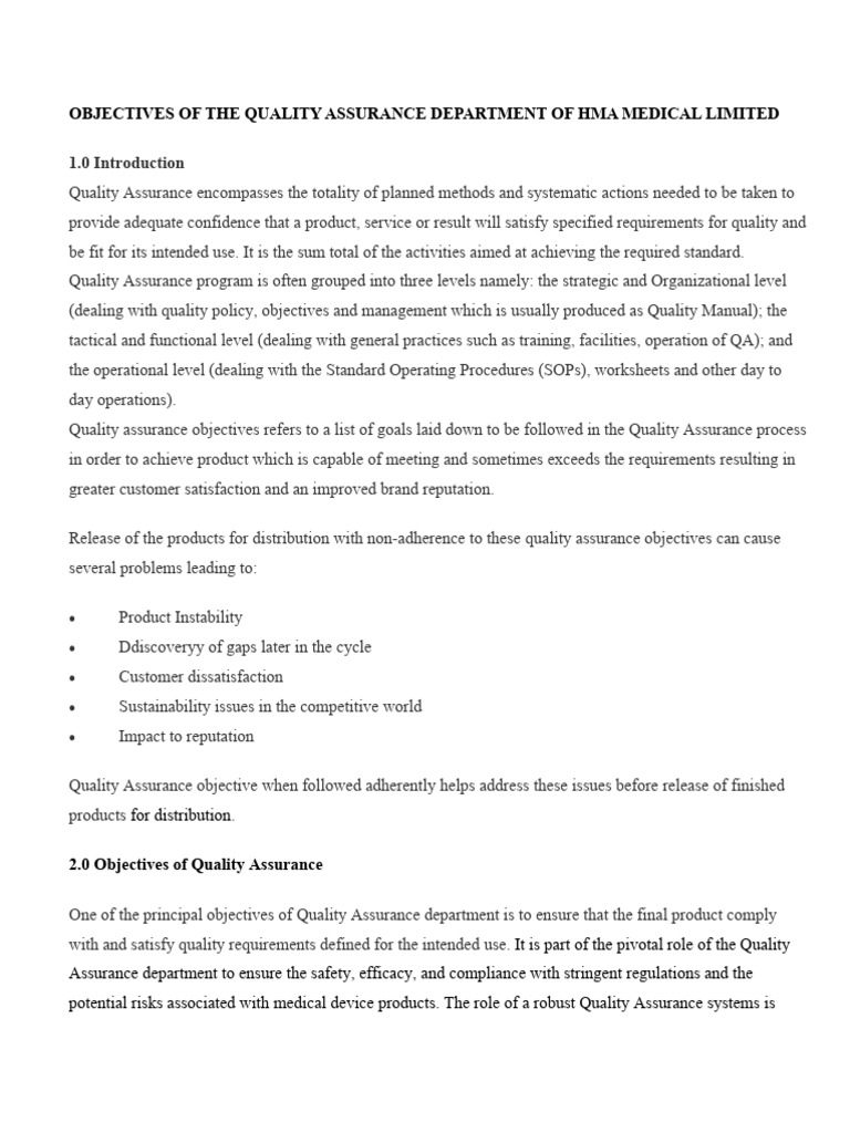 Quality Assurance Objectives at HMA Medical | PDF | Quality Assurance ...