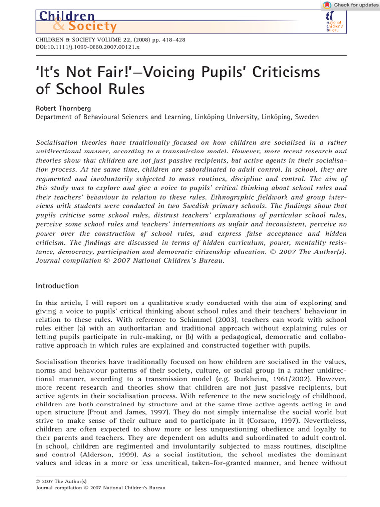 Children Society - 2008 - Thornberg - It S Not Fair Voicing Pupils Criticisms of School Rules ...