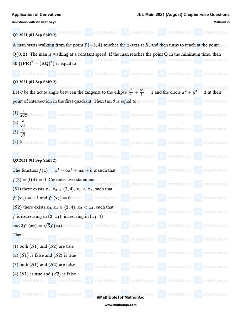 Application of Derivatives - JEE Main 2021 August Chapter-Wise - MathonGo | PDF | Elementary ...
