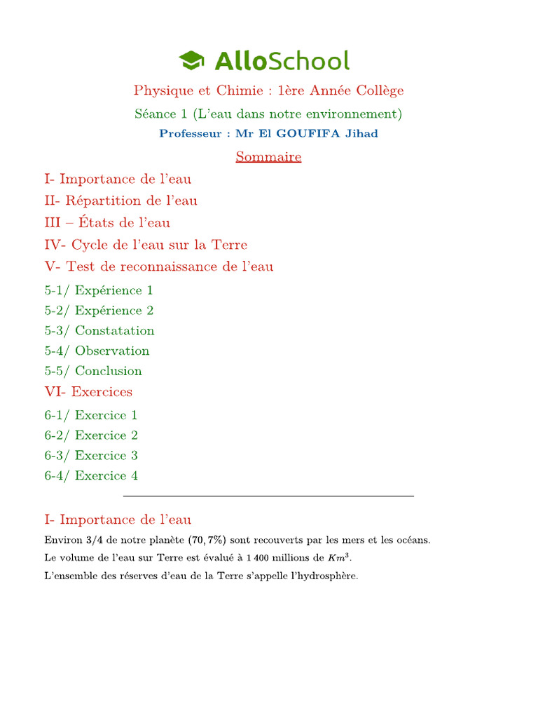 Seance 1 L Eau Dans Notre Environnement 1 | PDF