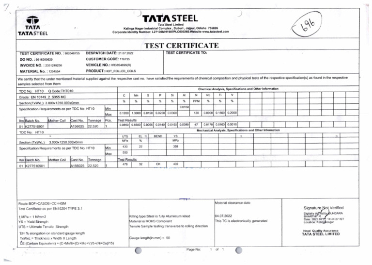 3mmThk X SH 1060 X Coil-S355MC-TATA-MTC | PDF