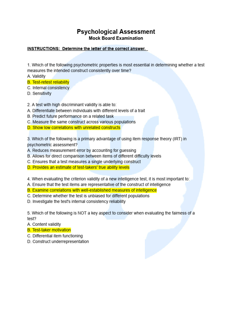 Abnormal Psych. Test-Bank | PDF | Educational Assessment | Validity ...