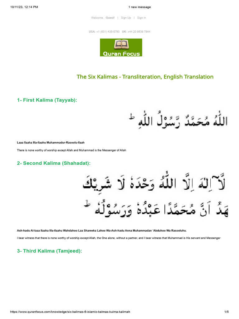 The Six Kalimas - Transliteration, English Translation | PDF ...