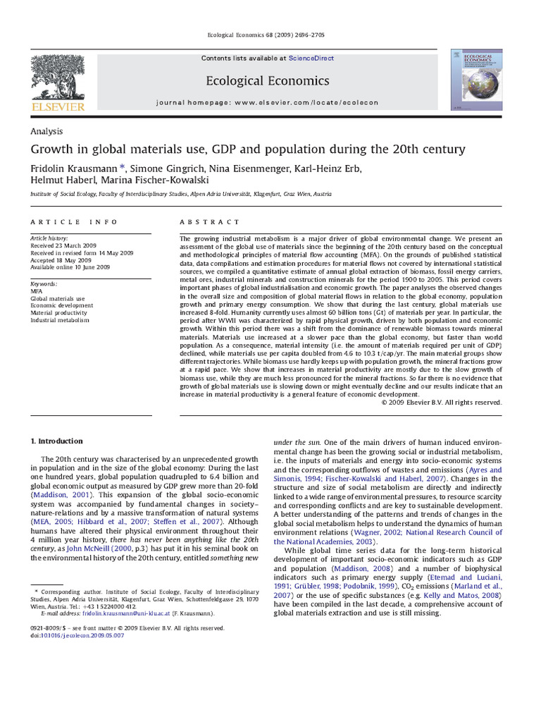 David - Growth in Global Materials Use, GDP and Population During The 20th Century | PDF ...