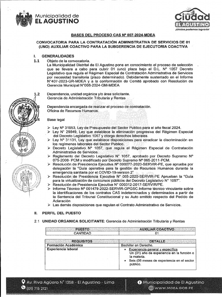 Bases 7ma Convocatoria Cas 2024 Mdea Auxiliar de Coactiva | PDF